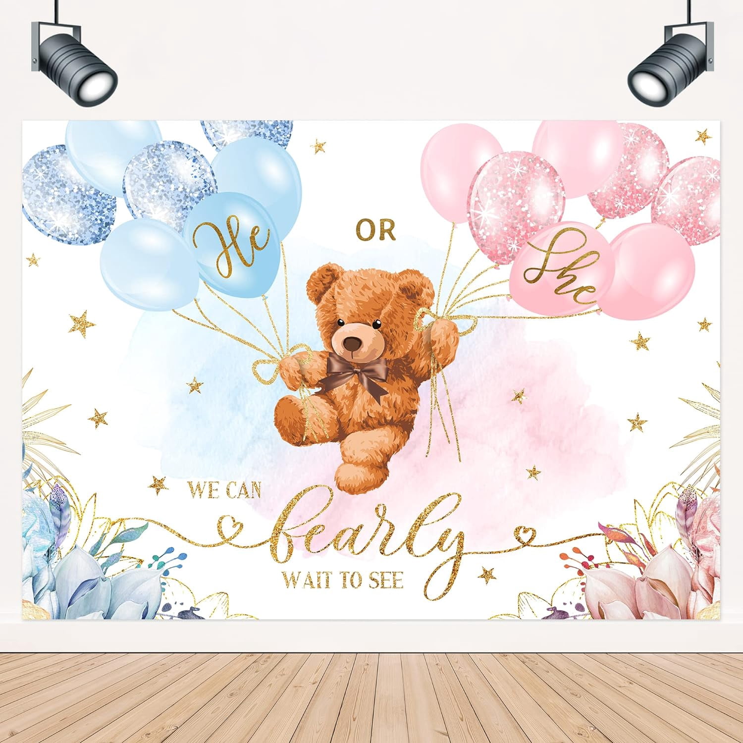 Bear Gender Reveal Backdrop He or She Pink or Blue Boho Floral We Can ...