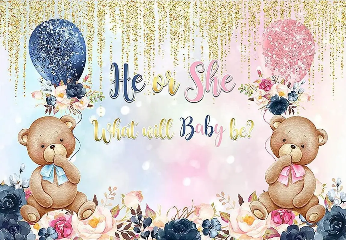 Bear Gender Reveal He Or She Photography Backdrop Navy Blush Floral ...