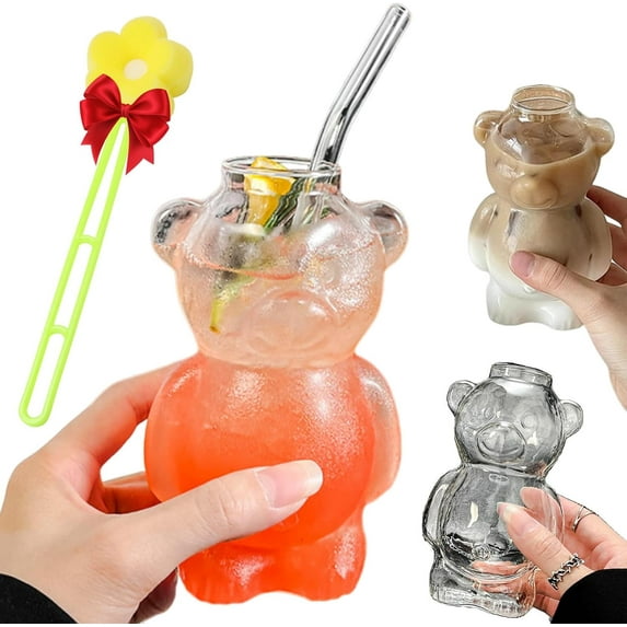 Bear Glass Cup with Straw, 12oz Honey Bear Shaped Straw Cups Coffee ...