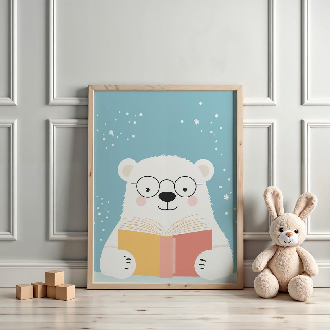 Bear With Glasses Reading, Kids Room Art, Reading Corner, Cute Book ...