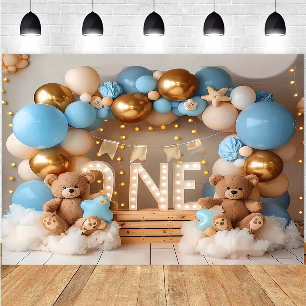 Bear Golden Balloon Beautiful Backdrop First Birthday Party Backdrop ...