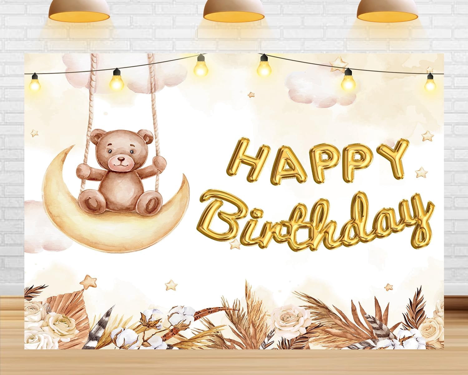 Bear Happy Birthday Backdrop Boho Floral Cut Bear Birthday Background ...