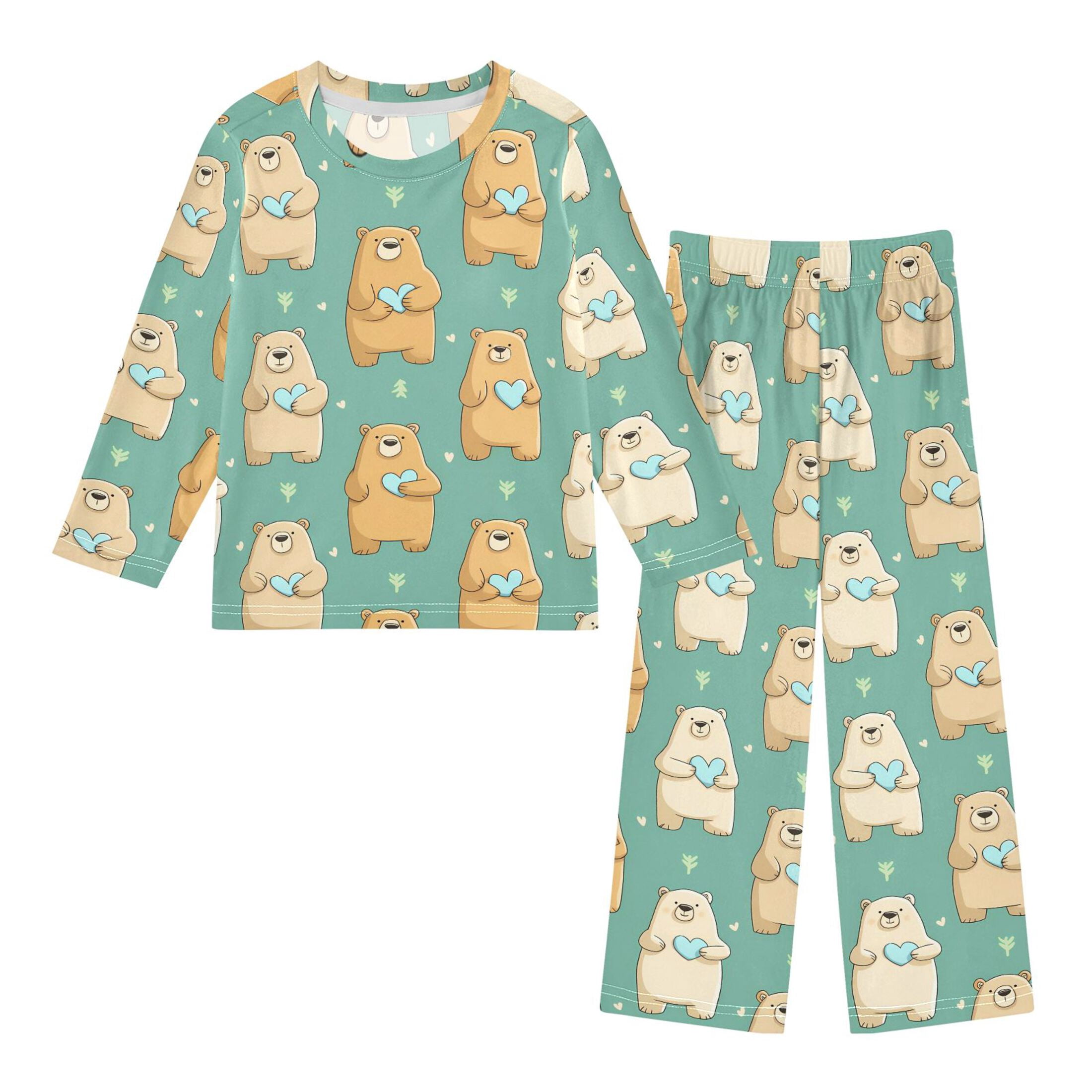 Bear Heart Cozy Soft Long Sleeves Top and Pants 2 Piece Cool Pjs ...