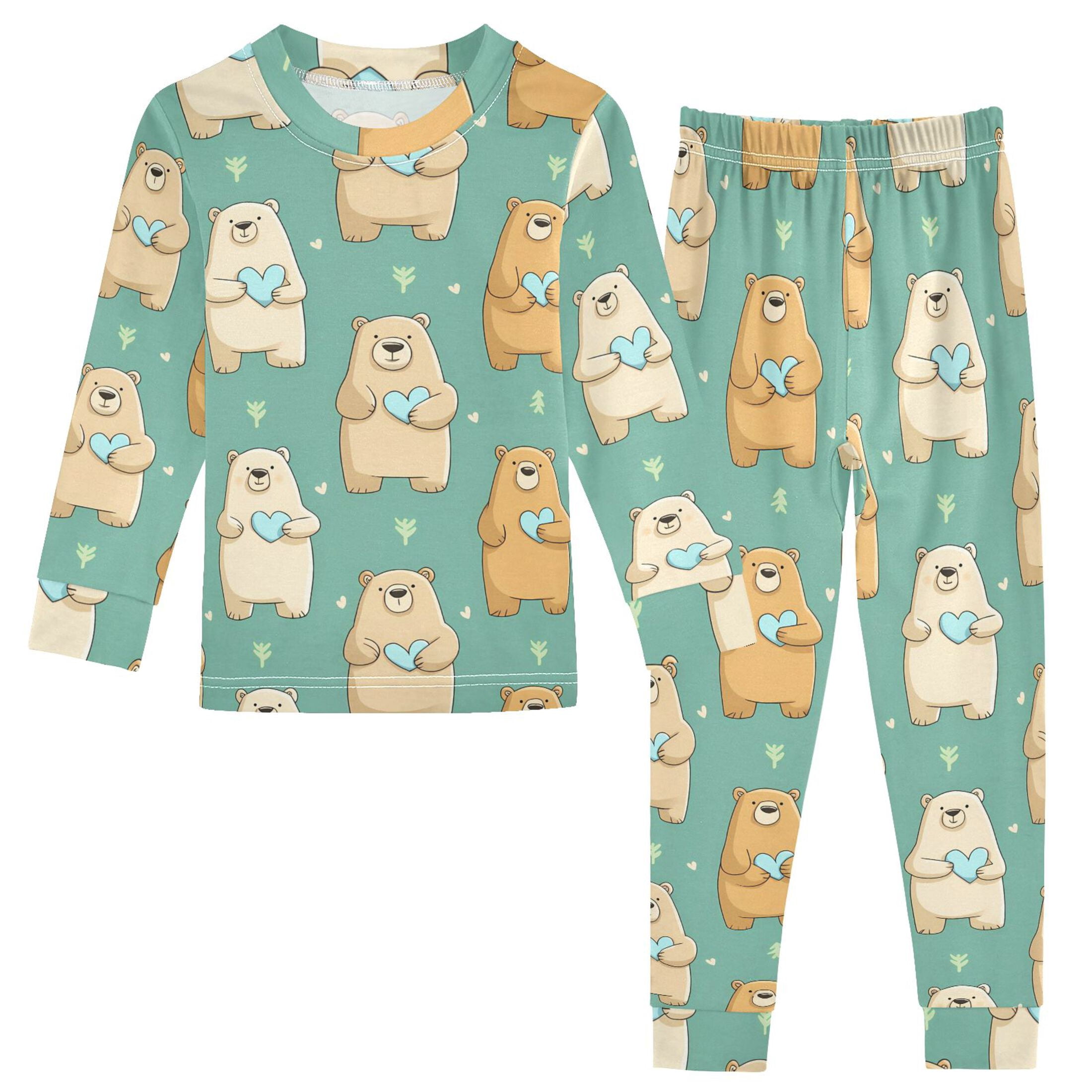Bear Heart Pattern Cotton Pajamas 2 Piece Set Sleepwear Soft and ...