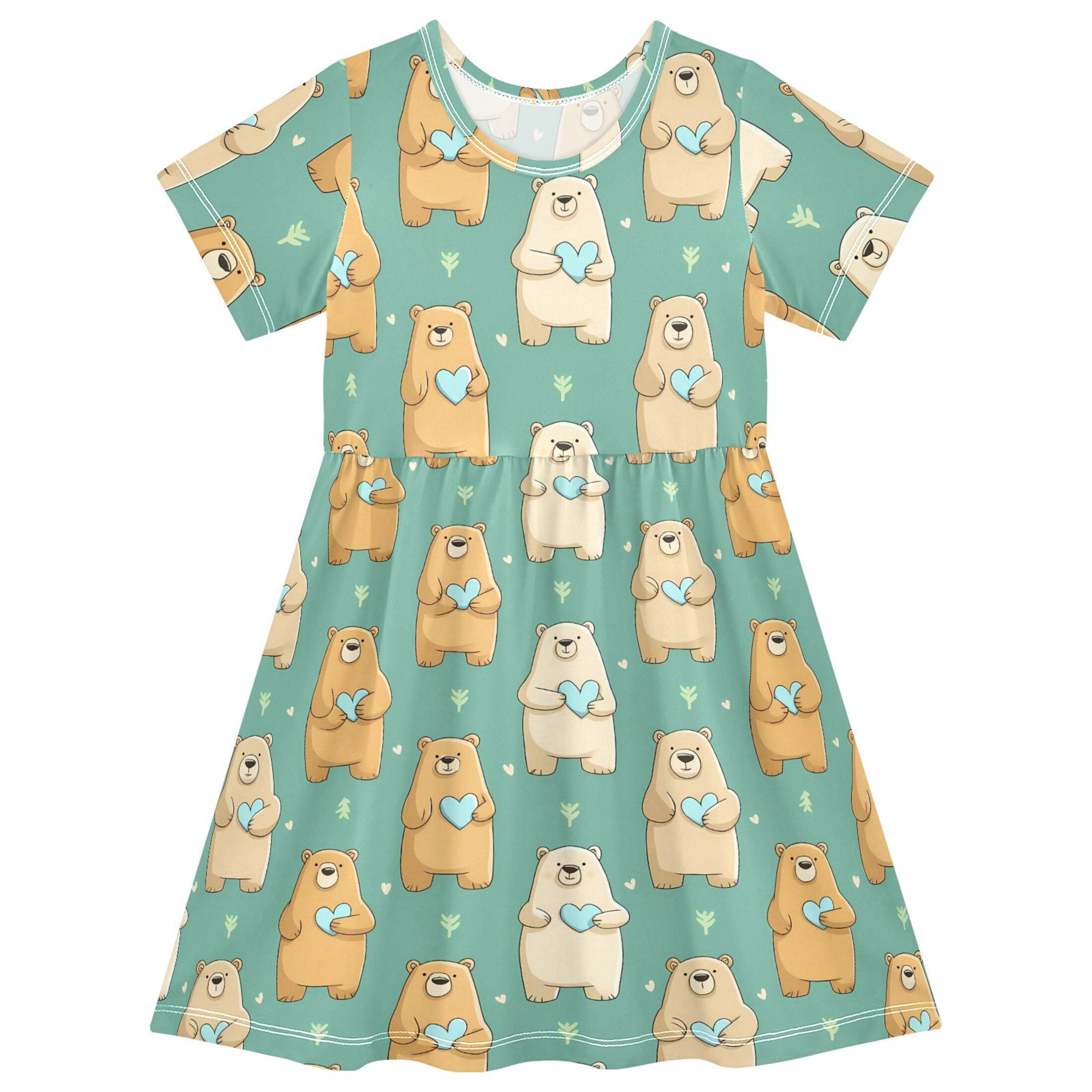 Bear Heart Short Sleeve Dress A-Line Cute Midi Casual Sundress 2-8 ...