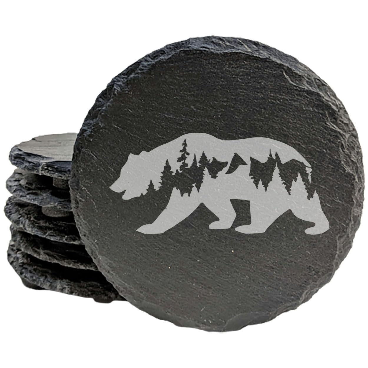 Bear Hug Coasters: Slate Drink Coasters with Laser-Etched Bear, Tree ...