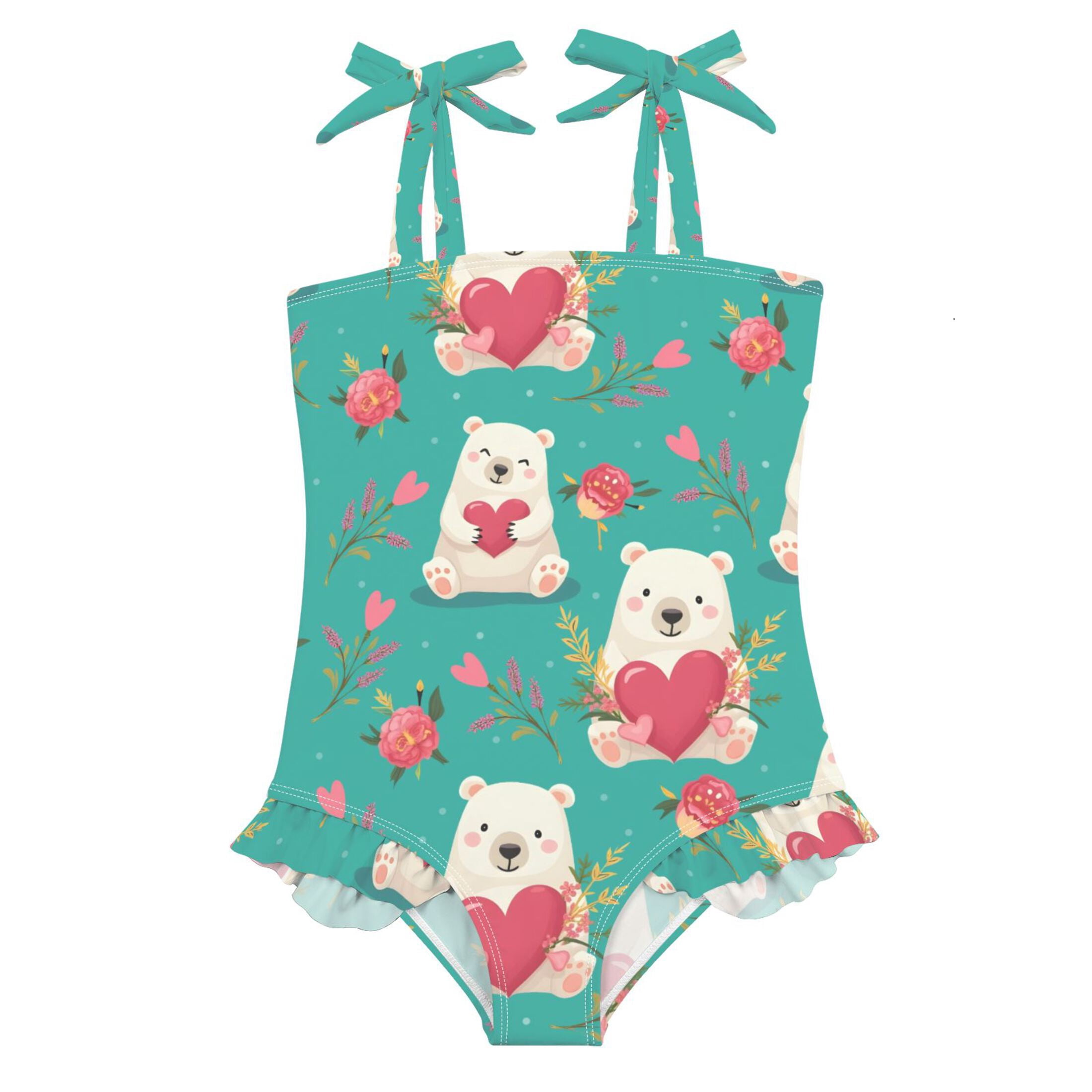 Bear Hugging Heart Pattern Girls' One-Piece Swimsuit Bowknot Tie ...