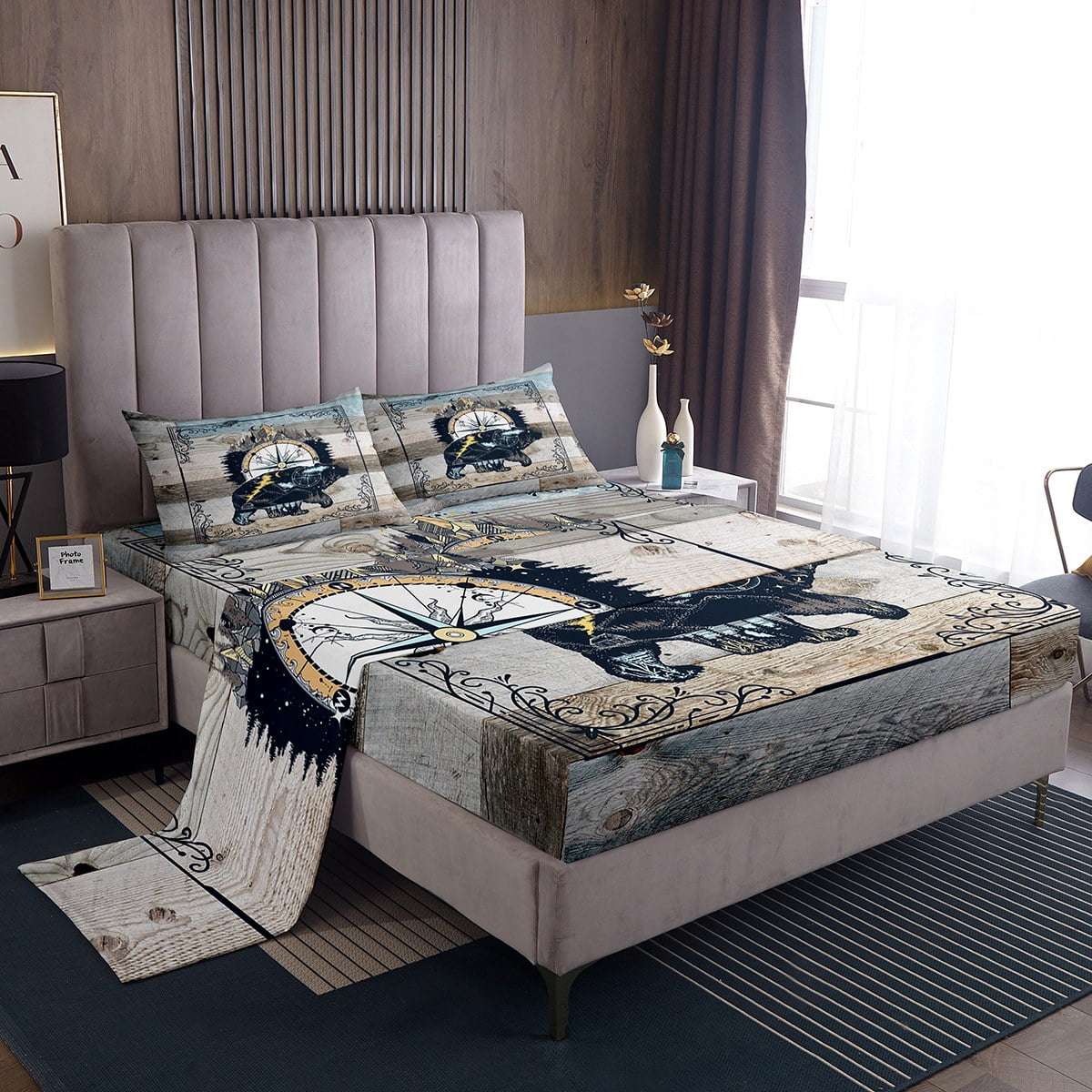 Bear Hunting Sheets Twin Size, Rustic Farmhouse Sheet Set Hand Drawn ...