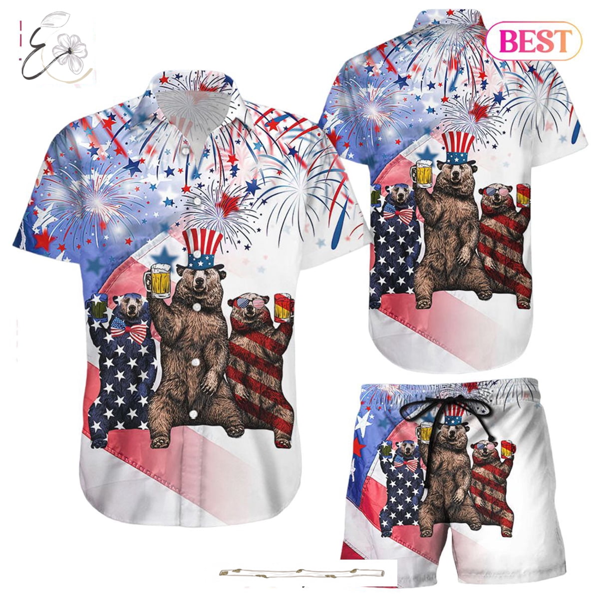 Bear In Hawaiian Shirt Bear With Firework 4th Of July Independence Day ...