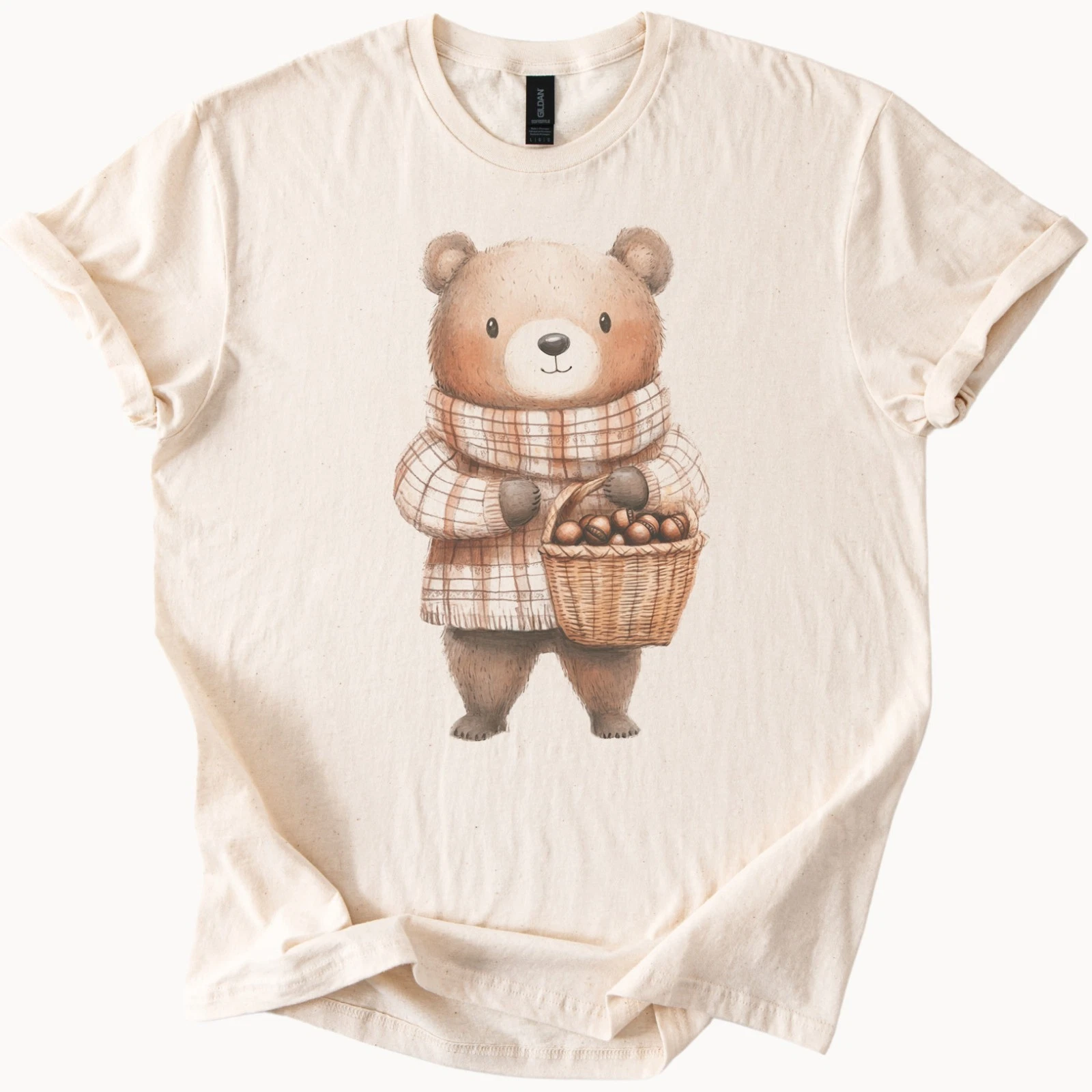Bear In Plaid Scarf With Acorn Basket Cute Graphic Shirt Fall Tee ...