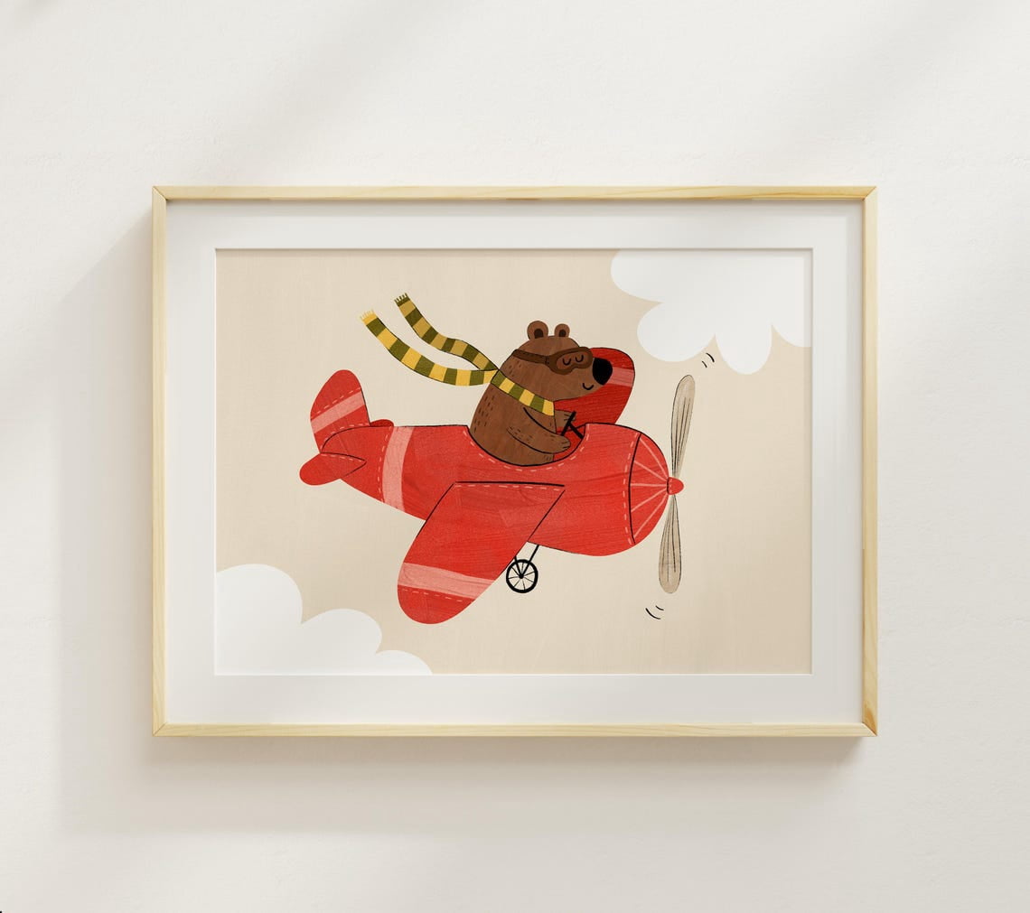 Bear In Red Airplane Nursery Print, Whimsical Animal Wall Art, Unframed ...