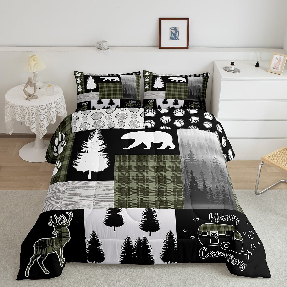Bear Comforter Set Queen Size,Deer Hunting Woodland Rustic Cabin Bedding Set Adult,Camping ...