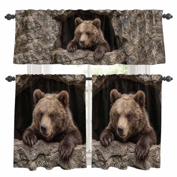 Bear Kitchen Curtains Valance and Tier Set Country Rustic Natural ...