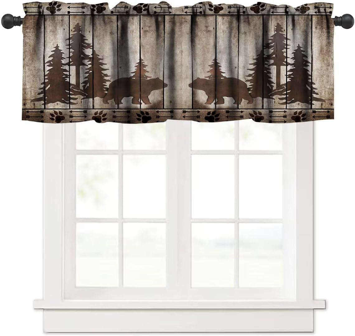 Bear Kitchen Valance, Rustic Cabin Pine Forest Wild Animal Black Bear ...