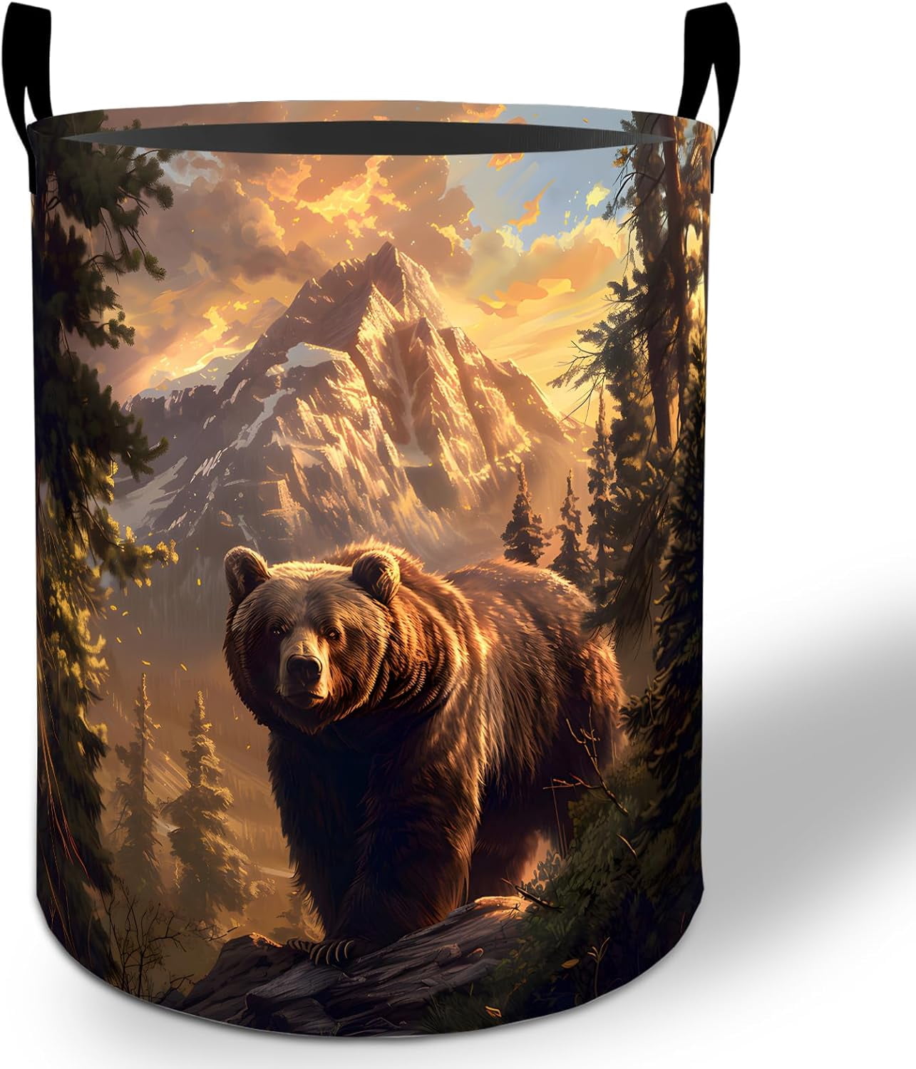 Bear Laundry Basket Hamper 19.7"x15.8", Rustic Wildlife Foldable ...