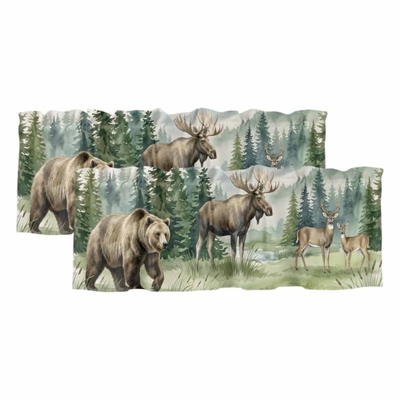 Bear Moose 2 Panels Kitchen Valance, Brown Wildlife Animal Rustic Green ...