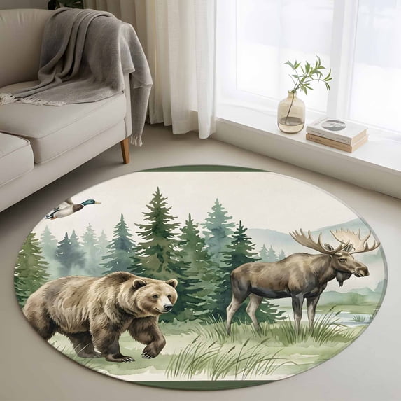 Bear Moose 4FT Round Area Rugs Brown Wildlife Animal Rustic Green Pine ...