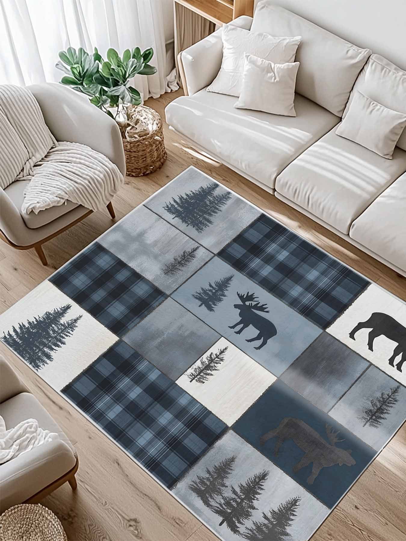 Bear Moose Area Rug for Bedroom 2.7x5 Ft Blue Retro Forest Wild Animal ...