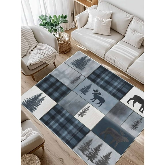 Bear Moose Area Rug for Bedroom 2.7x5 Ft Blue Retro Forest Wild Animal ...