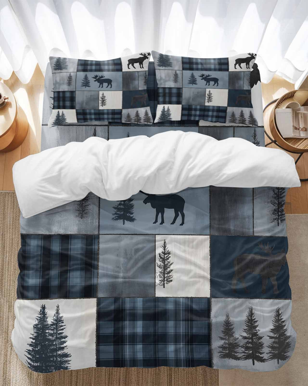 Bear Moose Bedding Duvet Cover Set Twin 4 Pieces Blue Retro Forest Wild Animal Buffalo Plaid ...