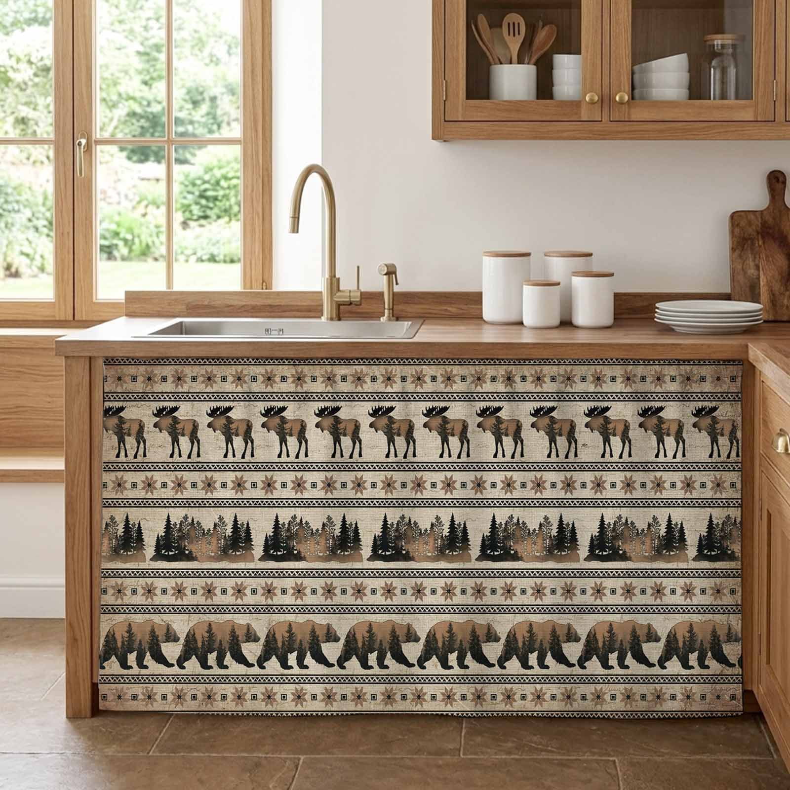 Bear Moose Cabinet Curtains 28" W x 51" L Country Vintage Bronze Forest ...