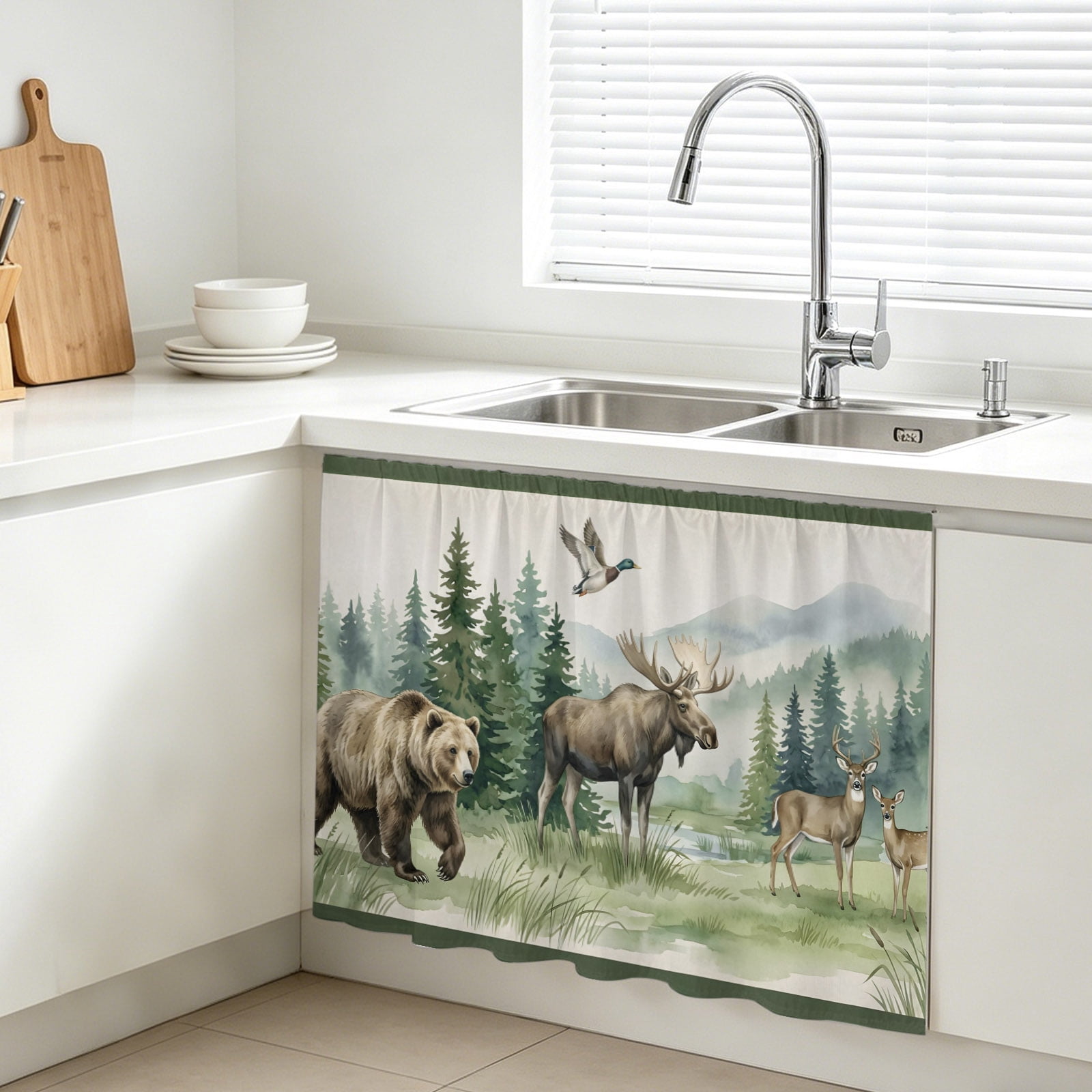 Bear Moose Cabinet Curtains for Kitchen 28"W x 35"L, Brown Wildlife ...
