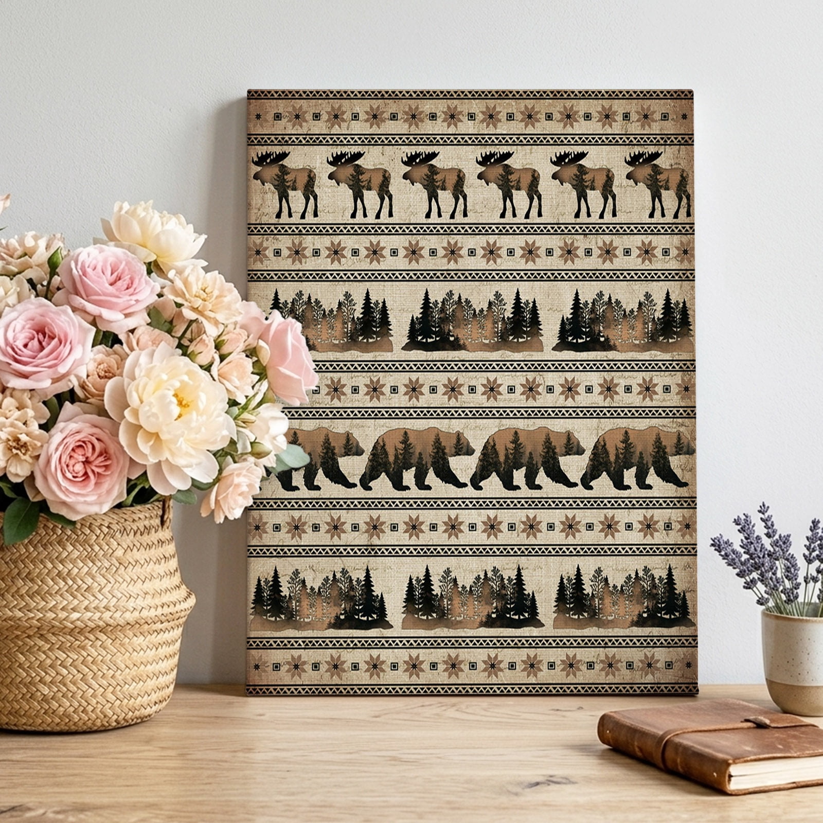 Bear Moose Canvas Wall Art, Country Vintage Bronze Forest Pine Tree ...