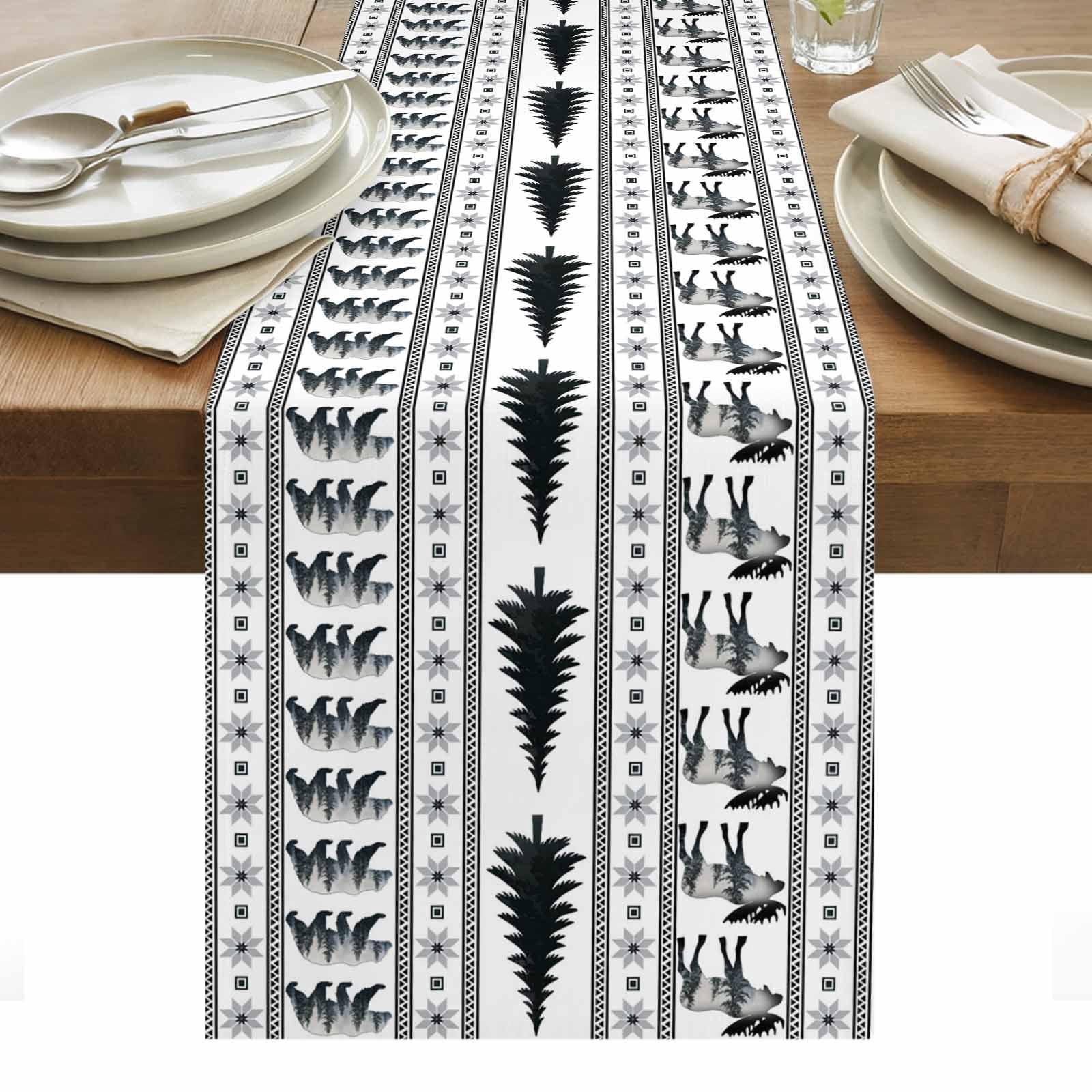 Bear Moose Cotton Linen Table Runner Country Vintage Gray Forest Pine ...