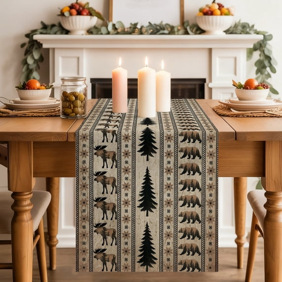 Bear Moose Dining Table Runner, Country Vintage Bronze Forest Pine Tree ...
