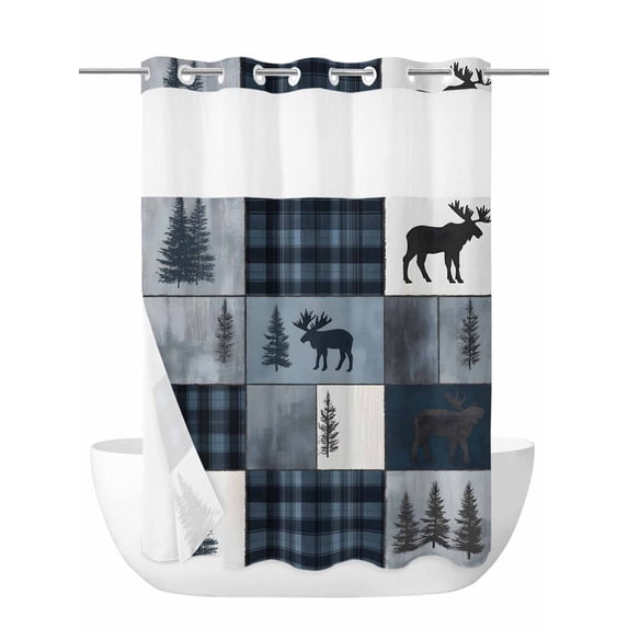 Bear Moose No Hook Shower Curtain and Liner Set Blue Retro Forest Wild ...