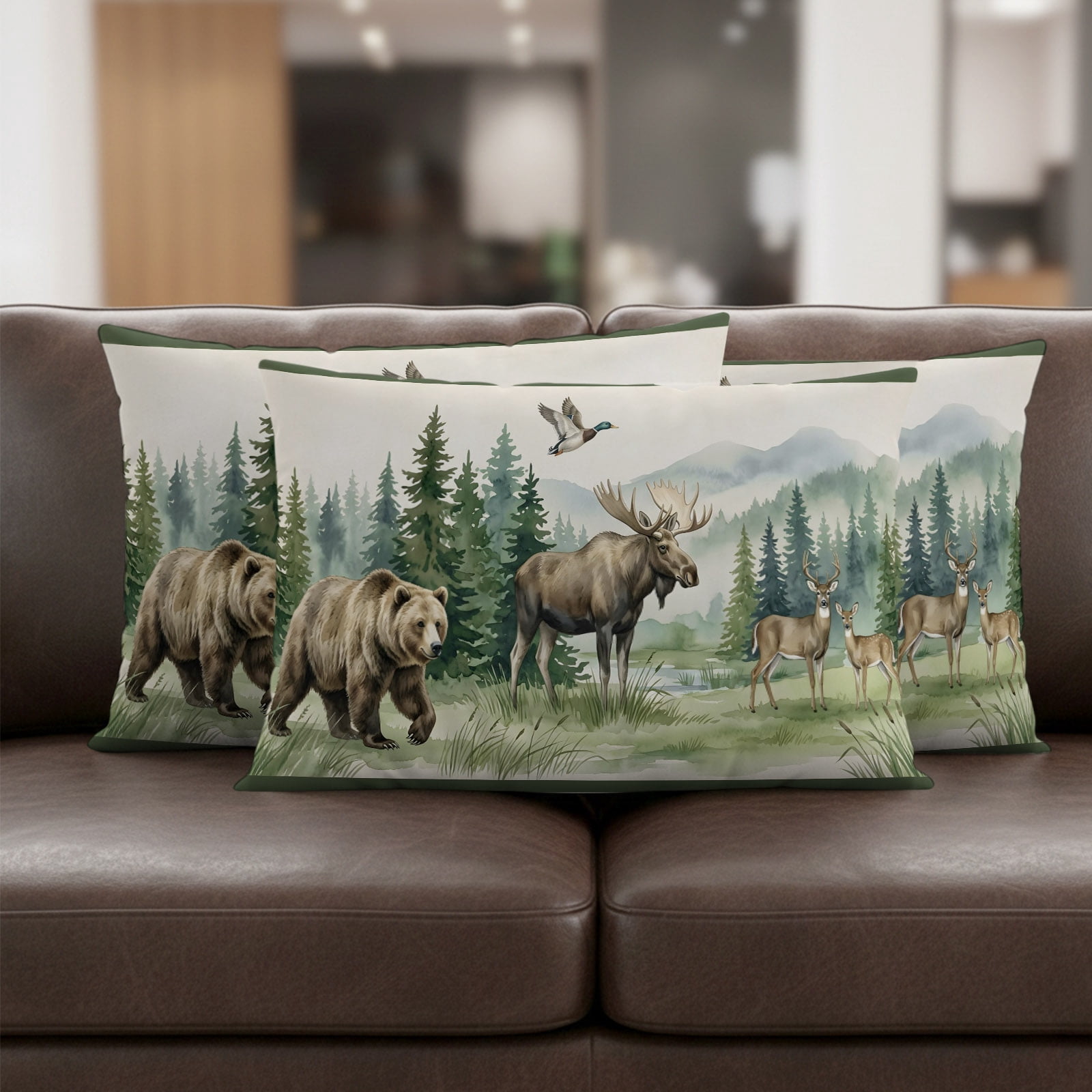 Bear Moose Pillow Covers Set of 4, Brown Wildlife Animal Rustic Green ...