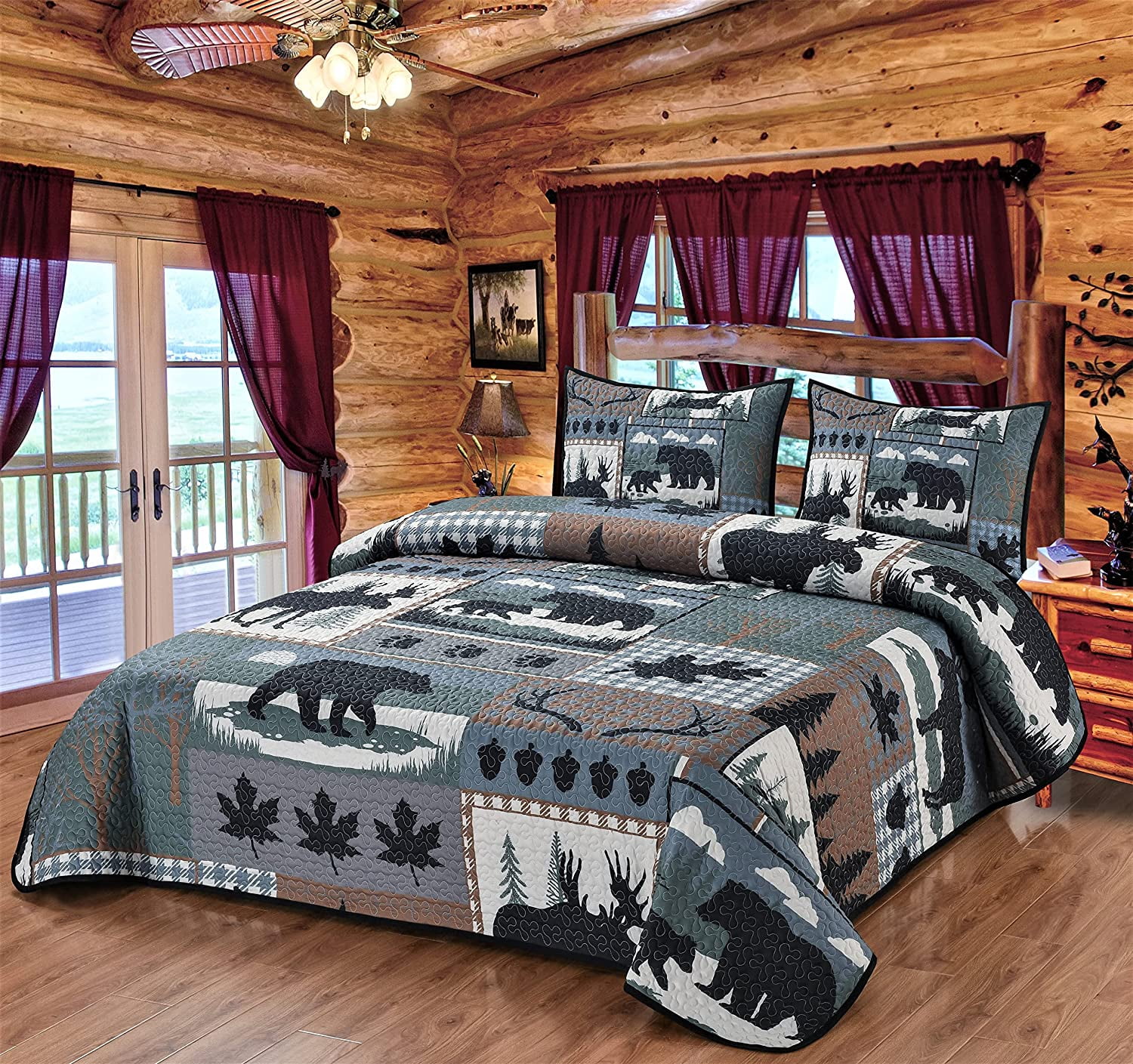 Rustic Country Queen Quilt Set with Moose, Bear, Pinecone, Antler ...