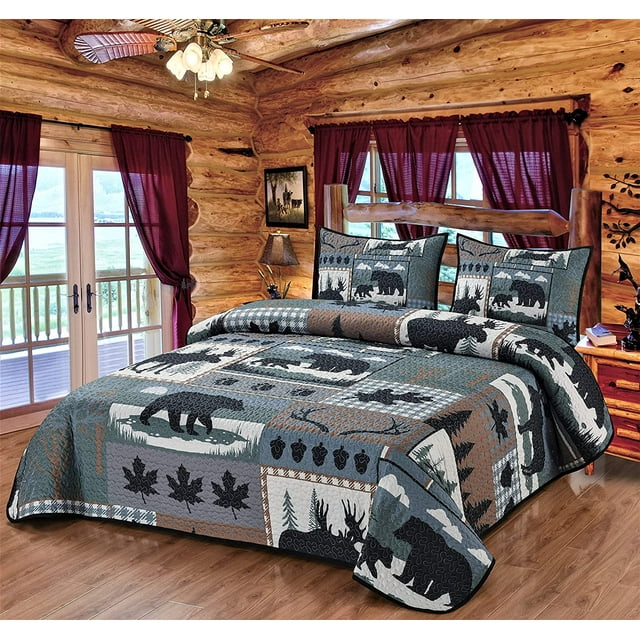 Rustic Country Queen Quilt Set with Moose, Bear, Pinecone, Antler ...