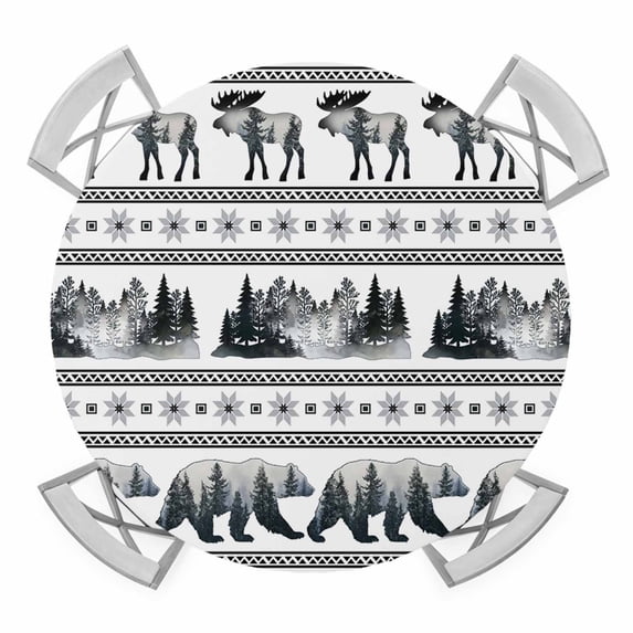 Bear Moose Round Table Cover, Country Vintage Gray Forest Pine Tree ...
