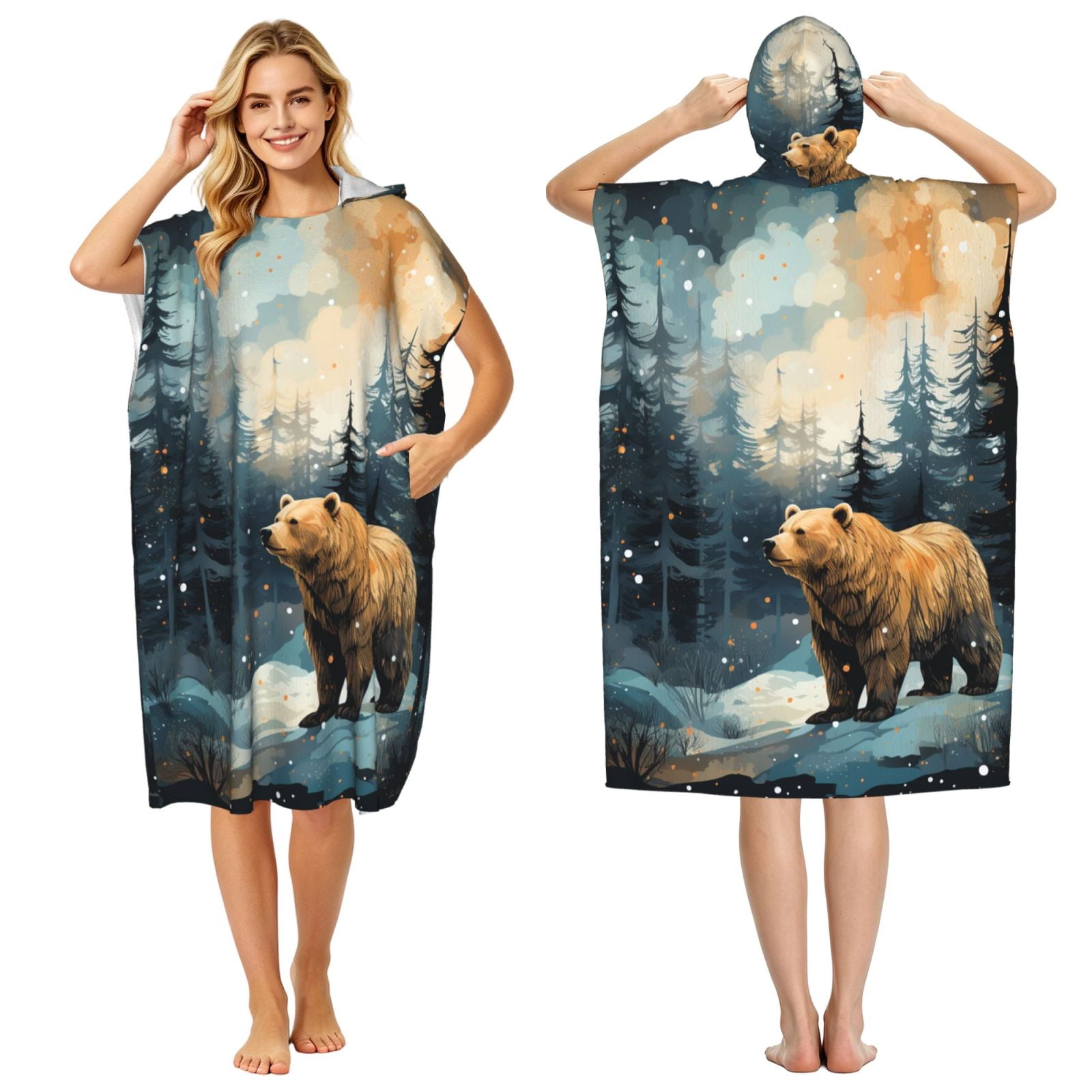 Bear Moose Rustic Wood Adult Hooded Beach Towel Changing Robe, Surf ...