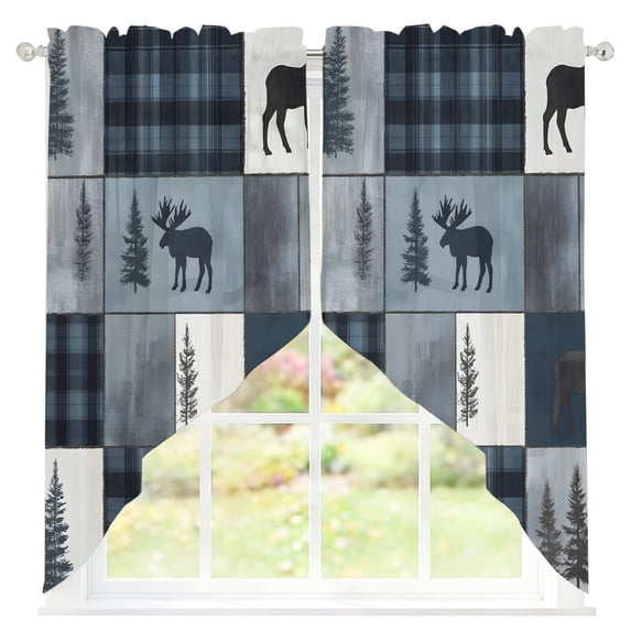 Bear Moose Sheer Curtains Swag Valances for Windows Blue Retro Forest ...