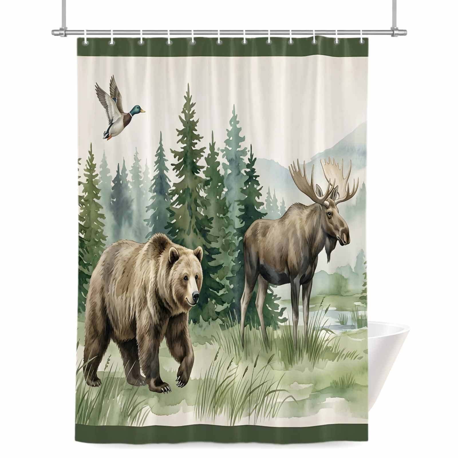 Bear Moose Shower Curtain, Brown Wildlife Animal Rustic Green Pine ...