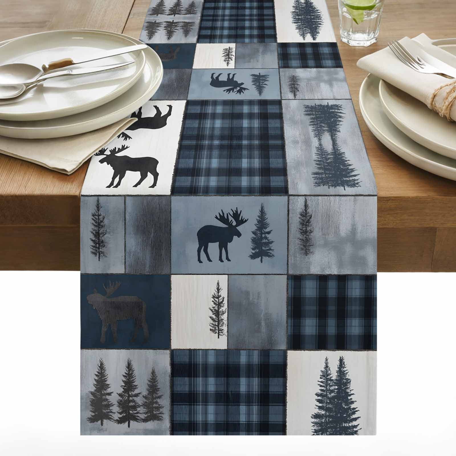 Bear Moose Table Runner 13x108 inch Blue Retro Forest Wild Animal ...