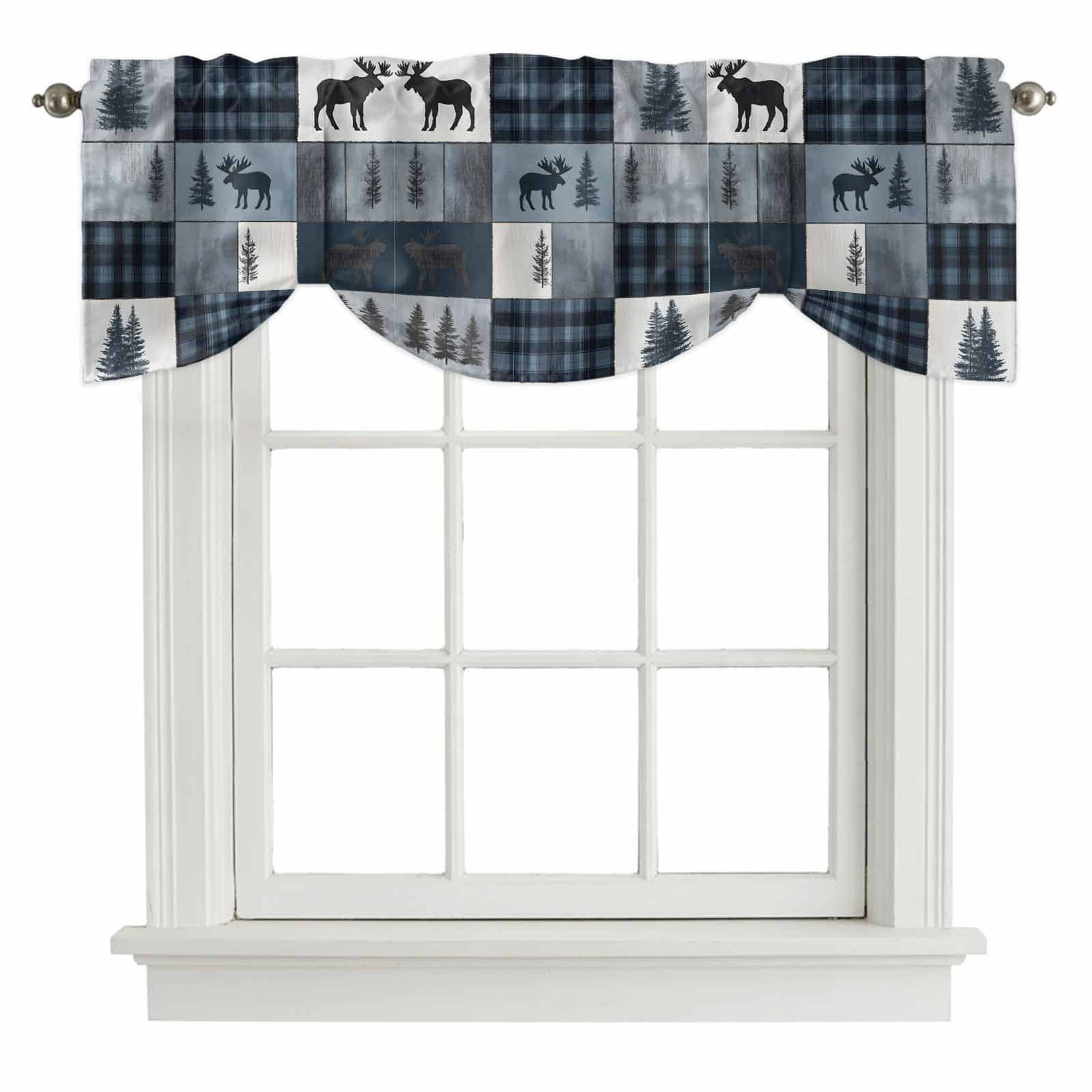 Bear Moose Tie Up Valance for Windows Blue Retro Forest Wild Animal ...
