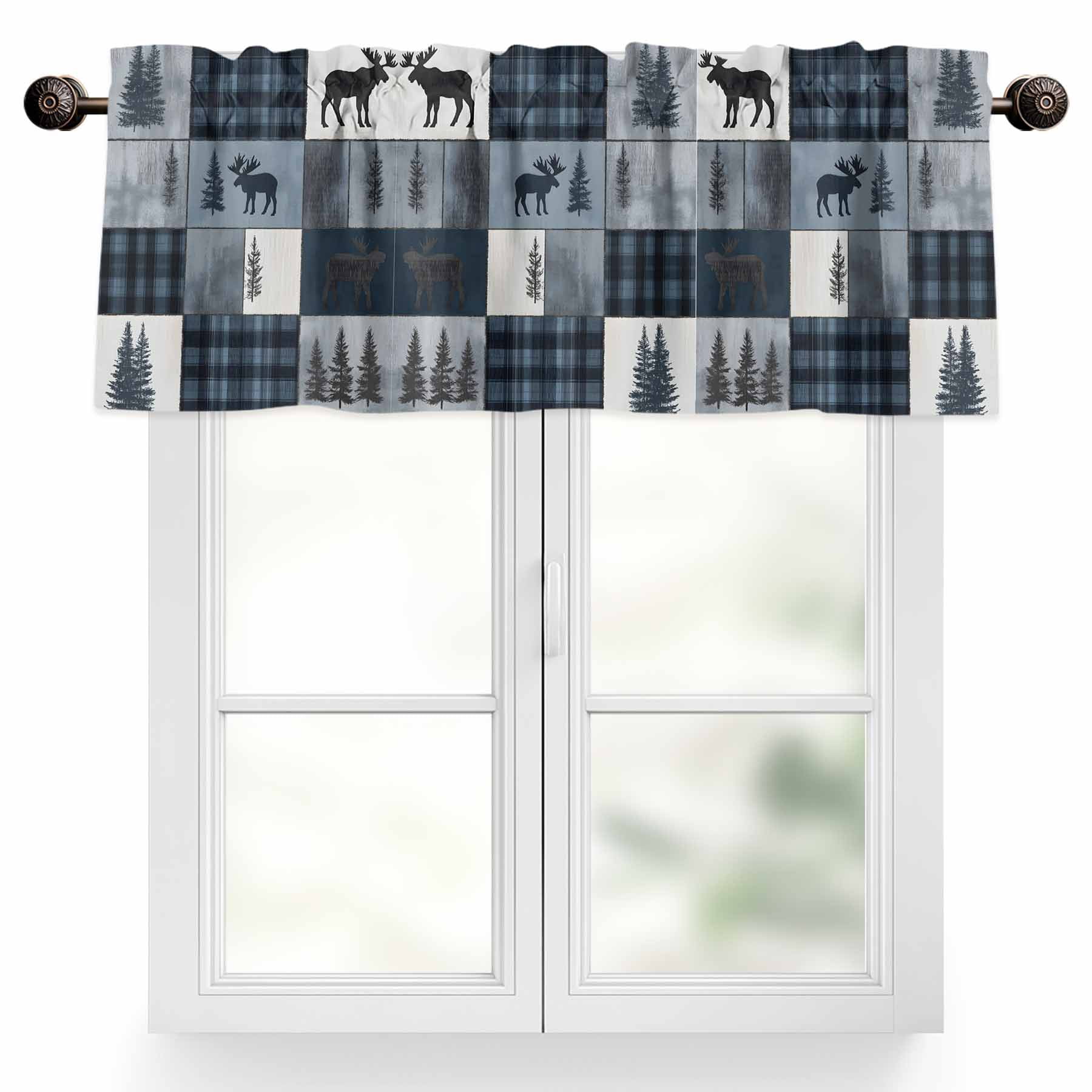 Bear Moose Valances for Windows, 60 x 18in, Blue Retro Forest Wild ...