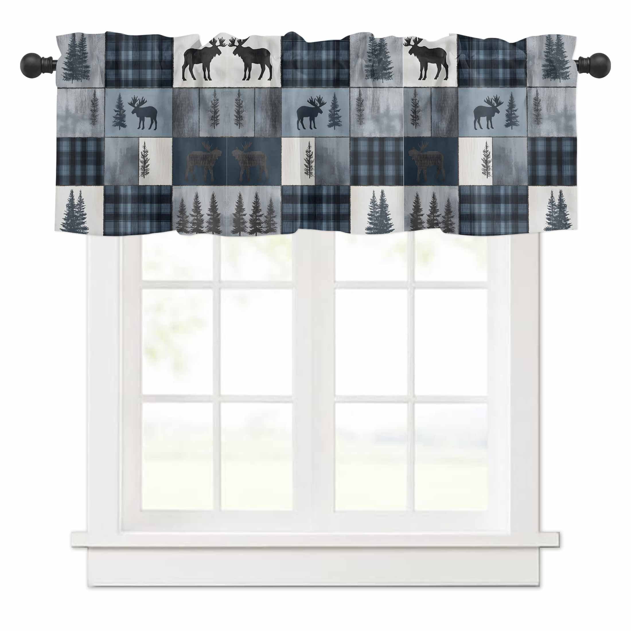 Bear Moose Valances for Windows Blue Retro Forest Wild Animal Buffalo ...