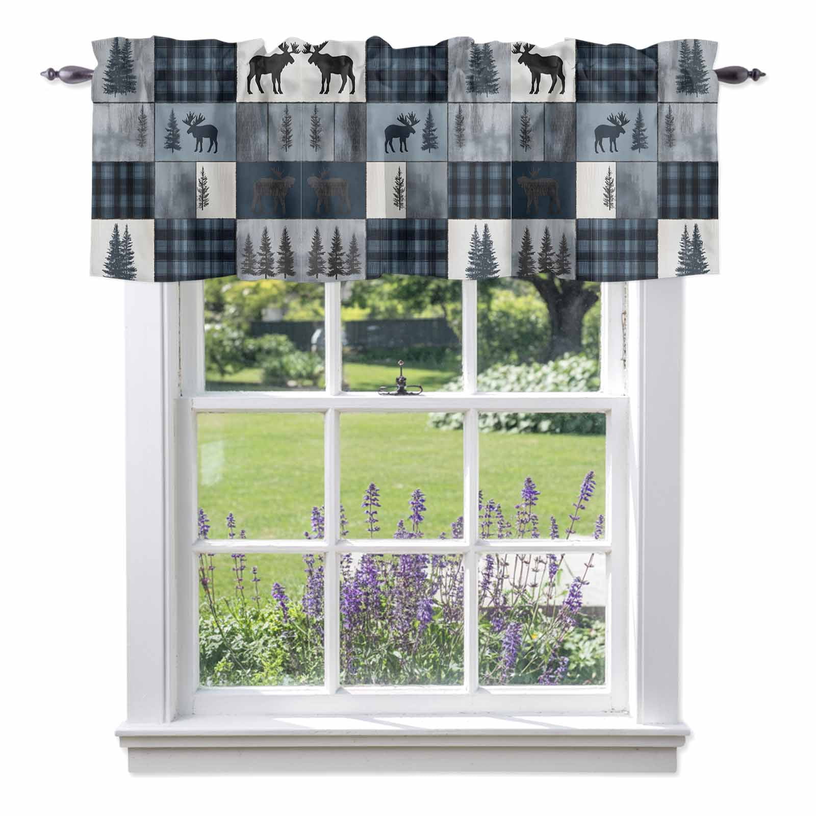 Bear Moose Valances for Windows, Blue Retro Forest Wild Animal Buffalo ...