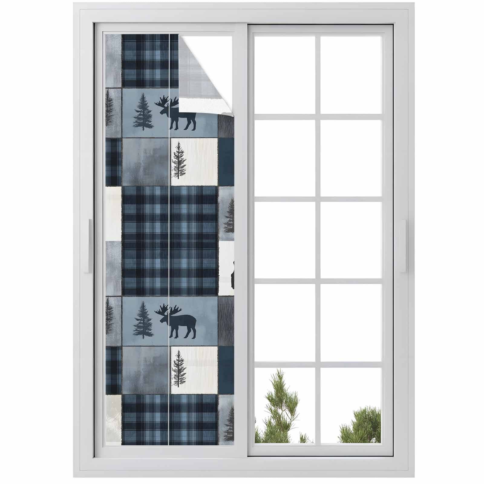 Bear Moose Window Privacy Film Blue Retro Forest Wild Animal Buffalo ...