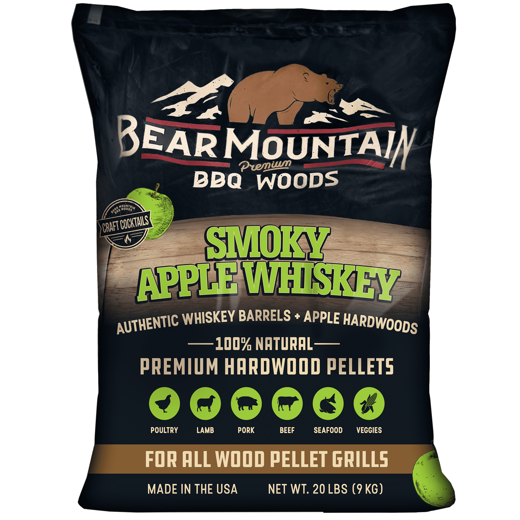 Bear Mountain Smoky Apple Whiskey Premium BBQ Wood Pellets, 20 lbs ...