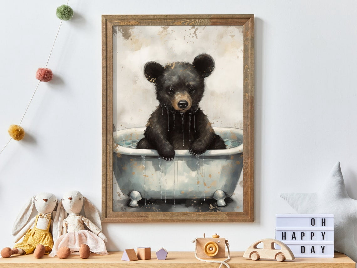 Bear Nursery Decor Bear Bathing In Bathtub Kids Room Art Woodland ...