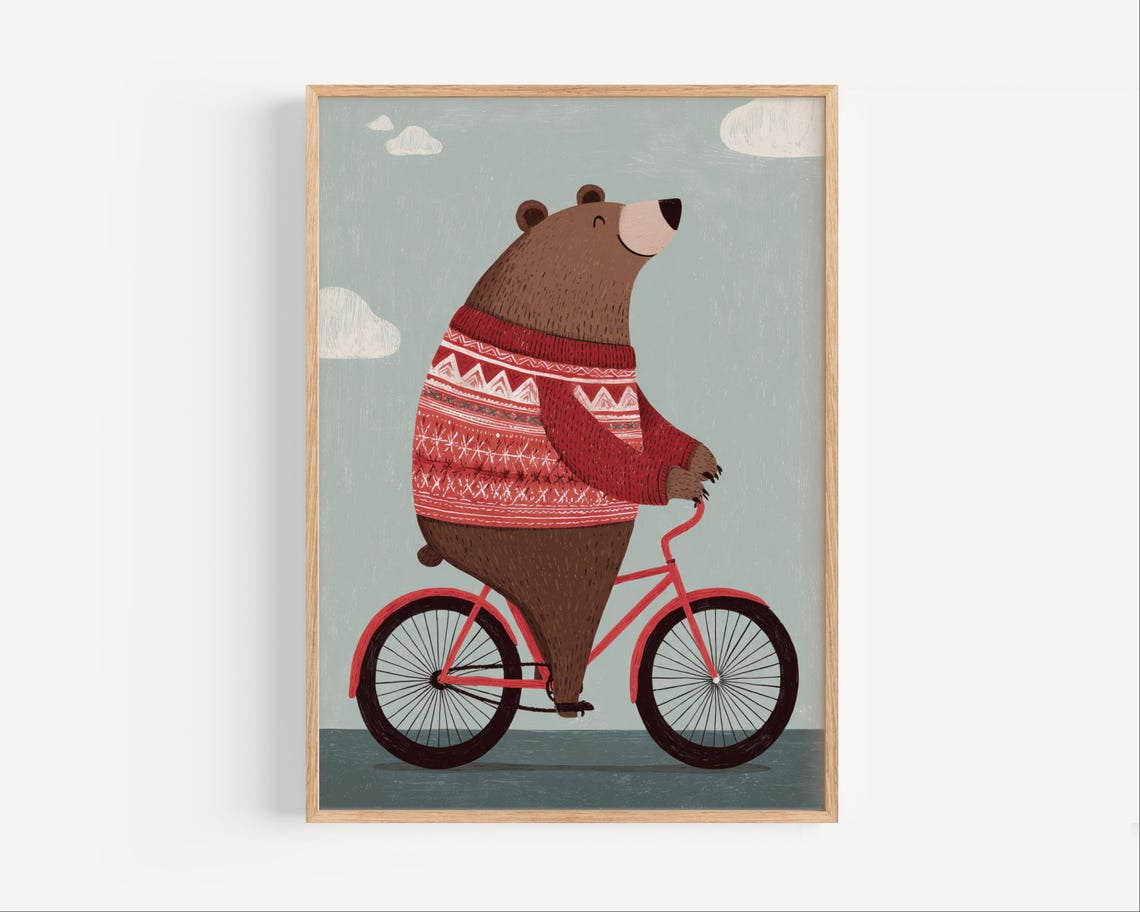 Bear On Bike Art Poster, Room Decor, Scandinavian Nursery, Unframed Canvas Size 16x24 - Walmart.com