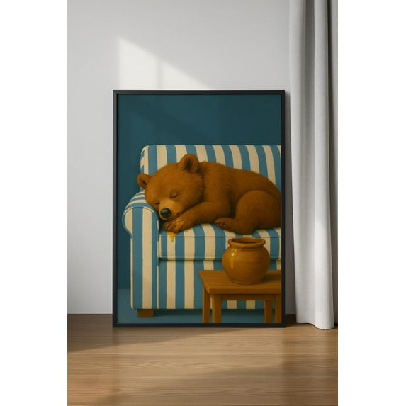 Bear On Striped Sofa Poster, , Sleepy Bear Poster, Cute Animal Poster ...