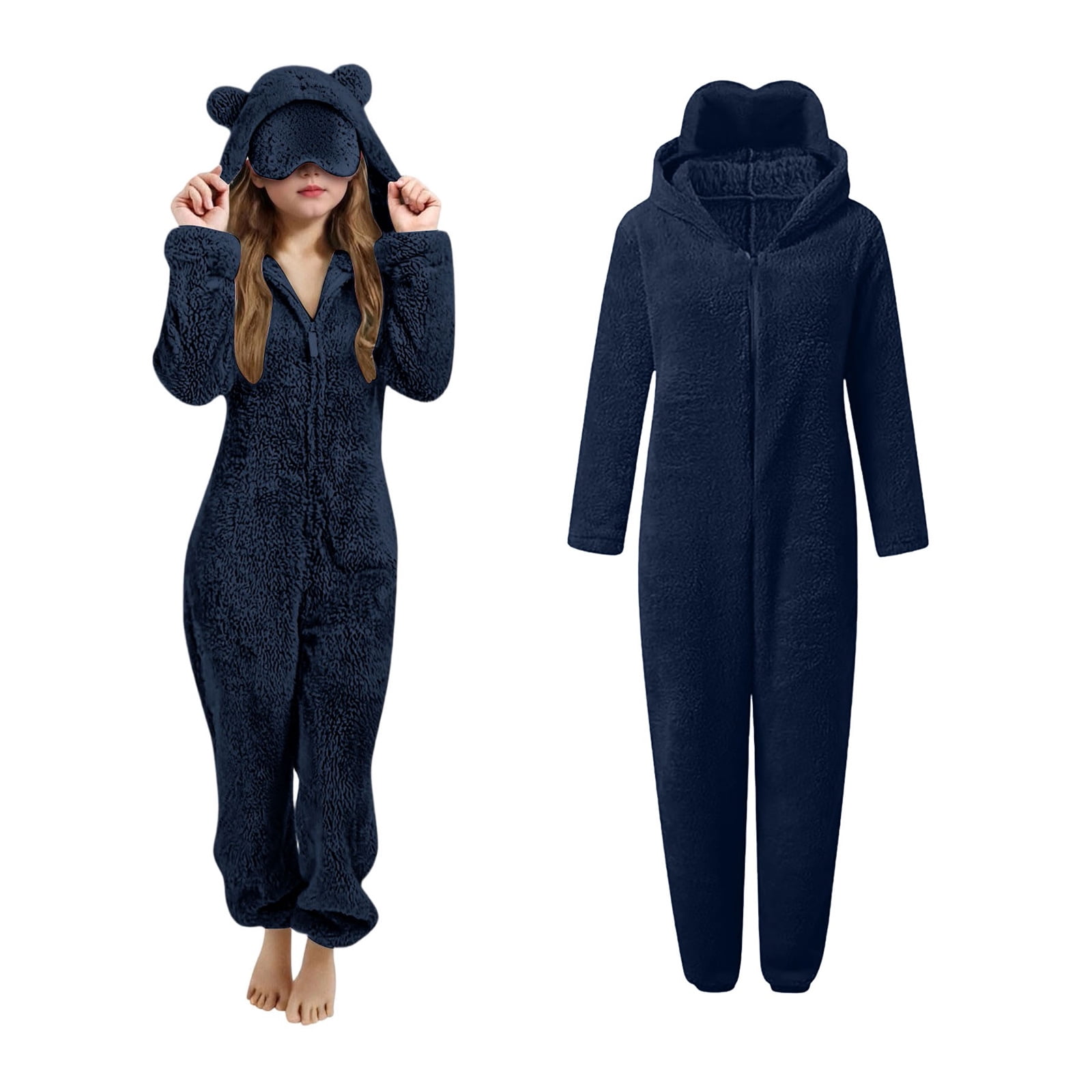 Bear Onesie Pajamas with Eye Mask Fleece Jumpsuits Fuzzy Hooded Rompers with Bear Ear Zip Onesie ...