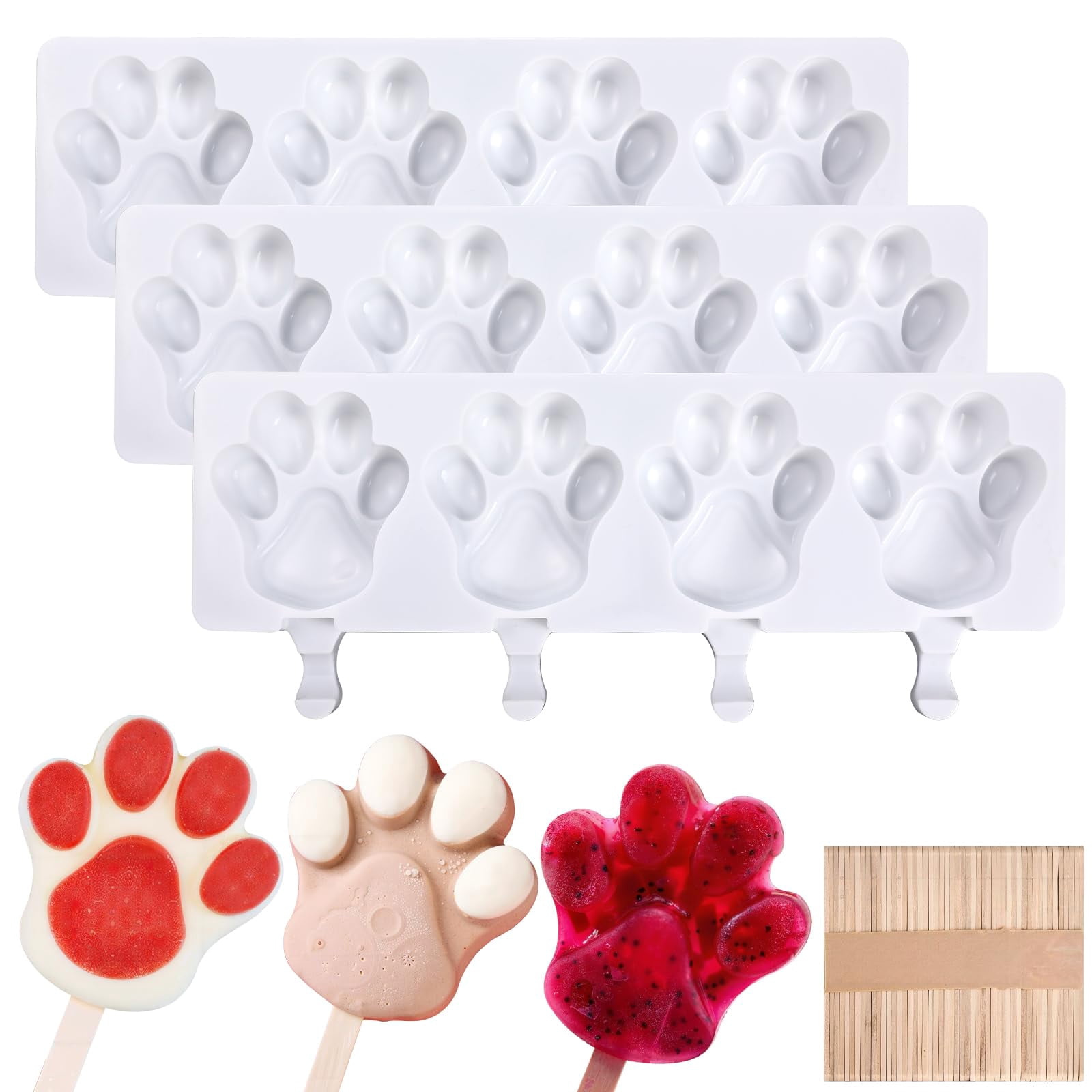 Bear Paw Silicone Popsicle Molds 4-Cavity Set with Wooden Sticks for ...