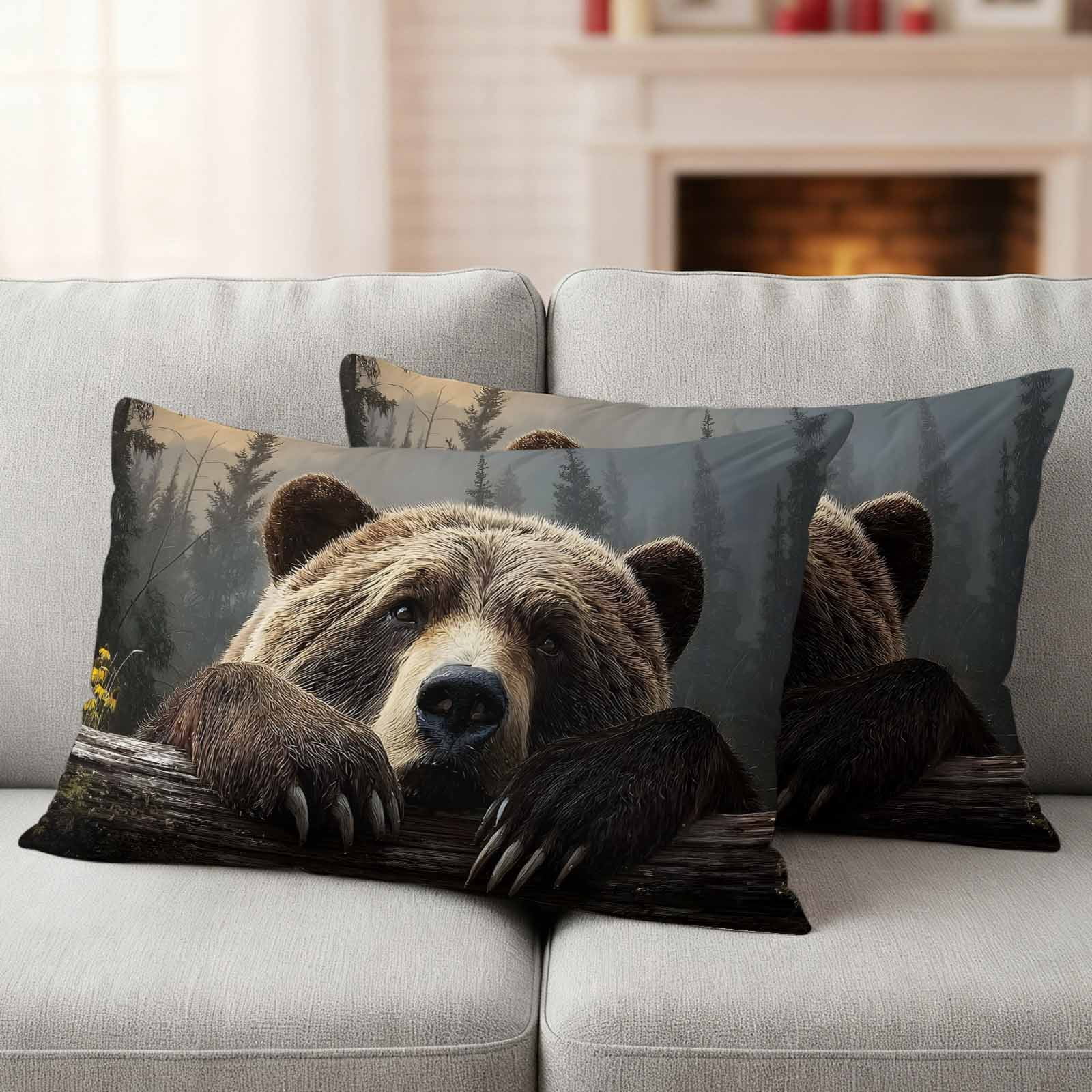 Bear Pillow Covers 2 Pack Animal Wood Fence Forest Farmhouse Pillowcase ...
